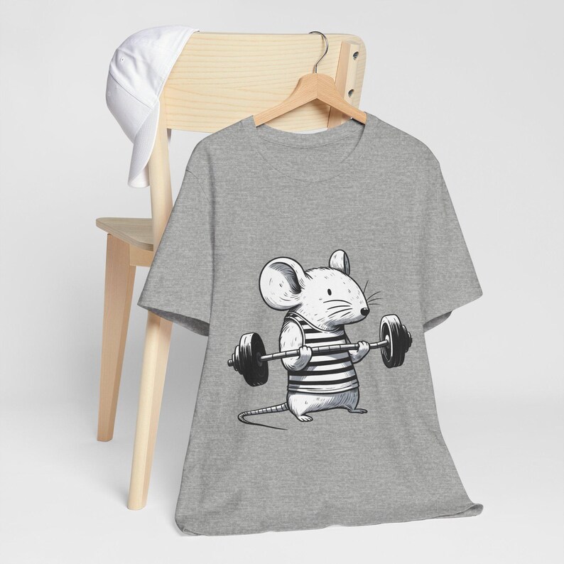 Adorable Mouse Weightlifting T-shirt, Cute Cartoon Mouse in Striped ...