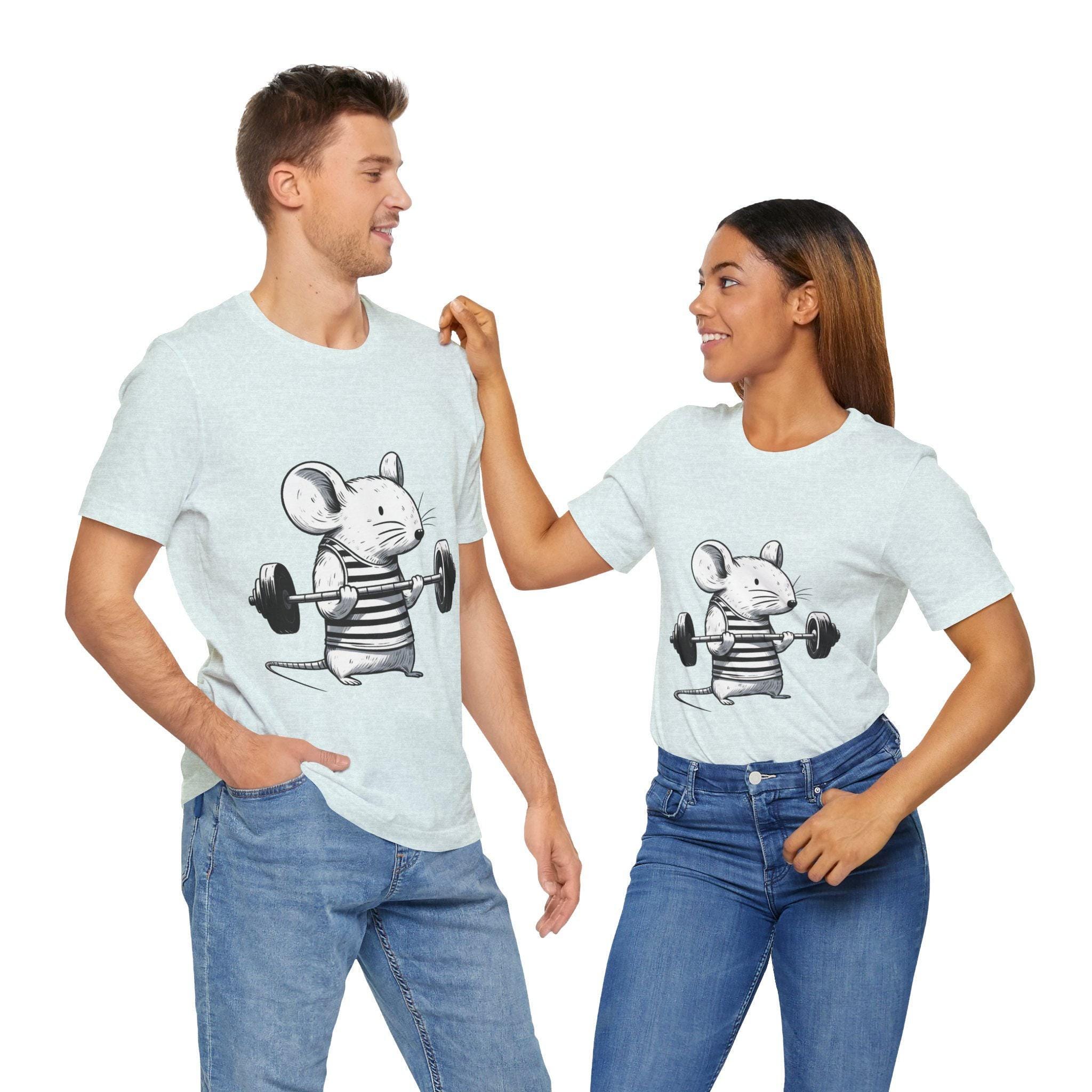 Adorable Mouse Weightlifting T-shirt, Cute Cartoon Mouse in Striped ...