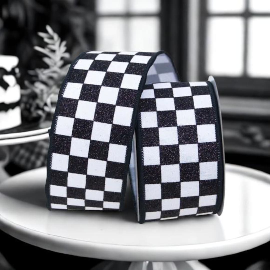 Black and White Glitter Checker Wired Ribbon, Farrisilk 2.5 Inch, 10 ...