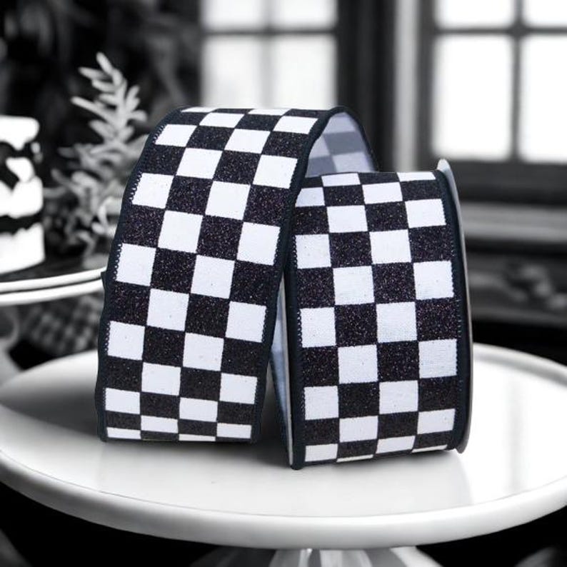 Black and White Glitter Checker Wired Ribbon, Farrisilk 2.5 Inch, 10 ...