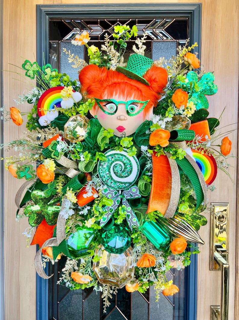 St. Patrick’s Day Whimsical Leprechaun Wreath | Rainbow Shamrock Door ...