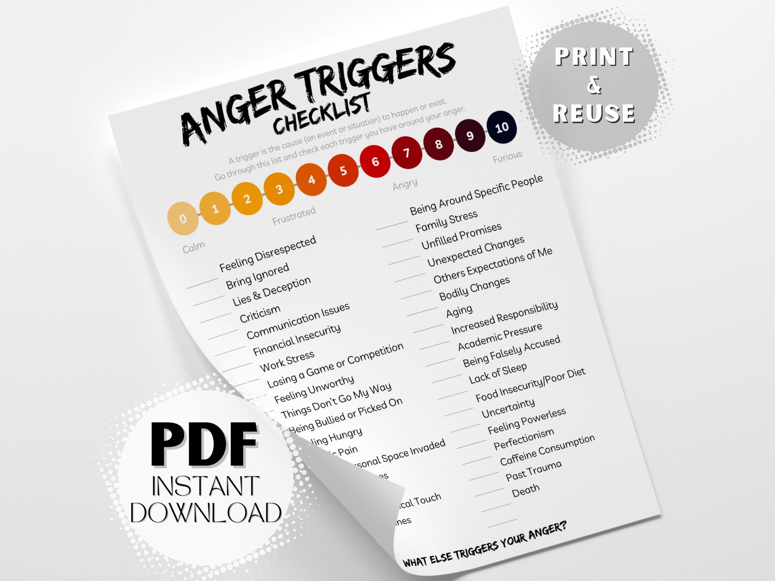 Anger Triggers Checklist: Colorful Worksheet for Greater Emotional ...