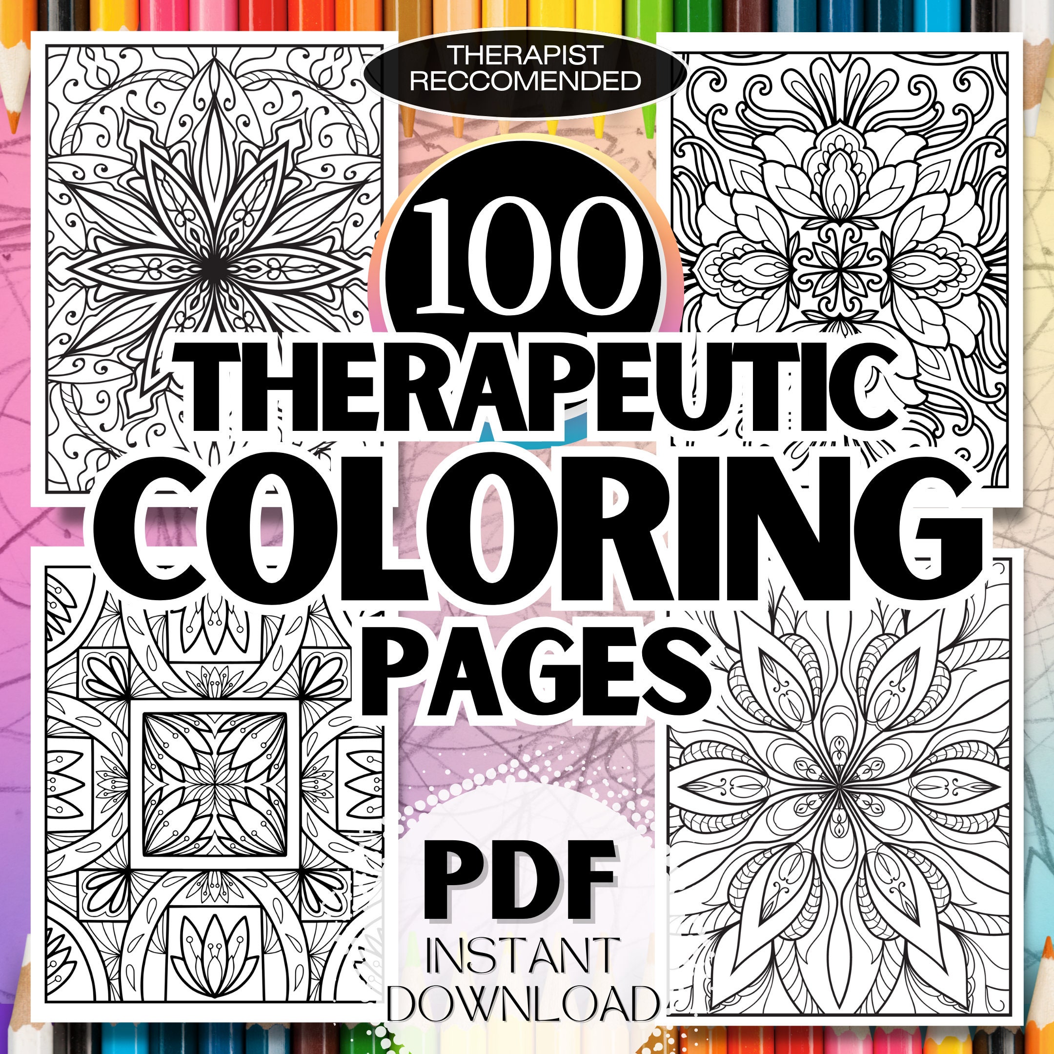 Therapeutic Mindful Coloring Set 100 Printable Pages for Stress Relief ...