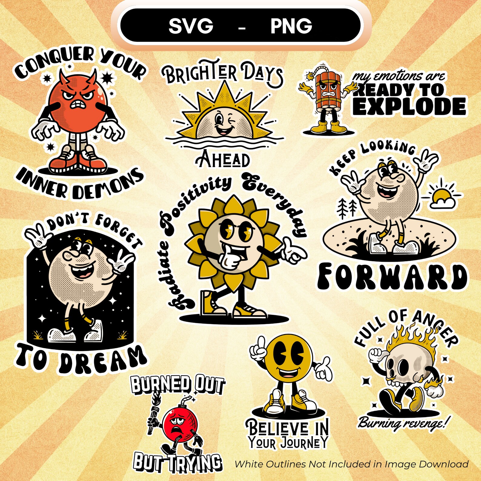 Retro Mental Health & Wellness Characters SVG/PNG Mega Bundle 100 ...