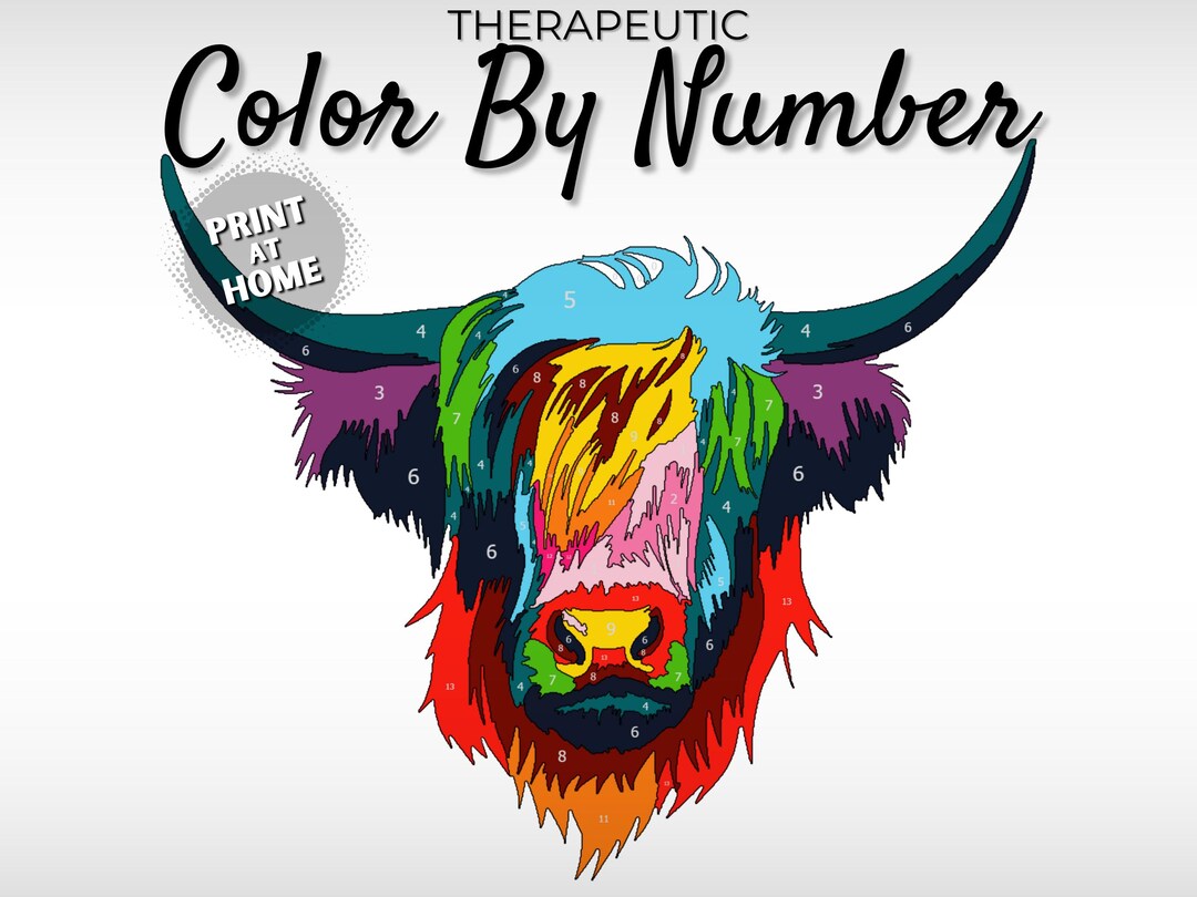 Color by Number: Therapeutic Printable Colorful Highland Cow Coloring ...