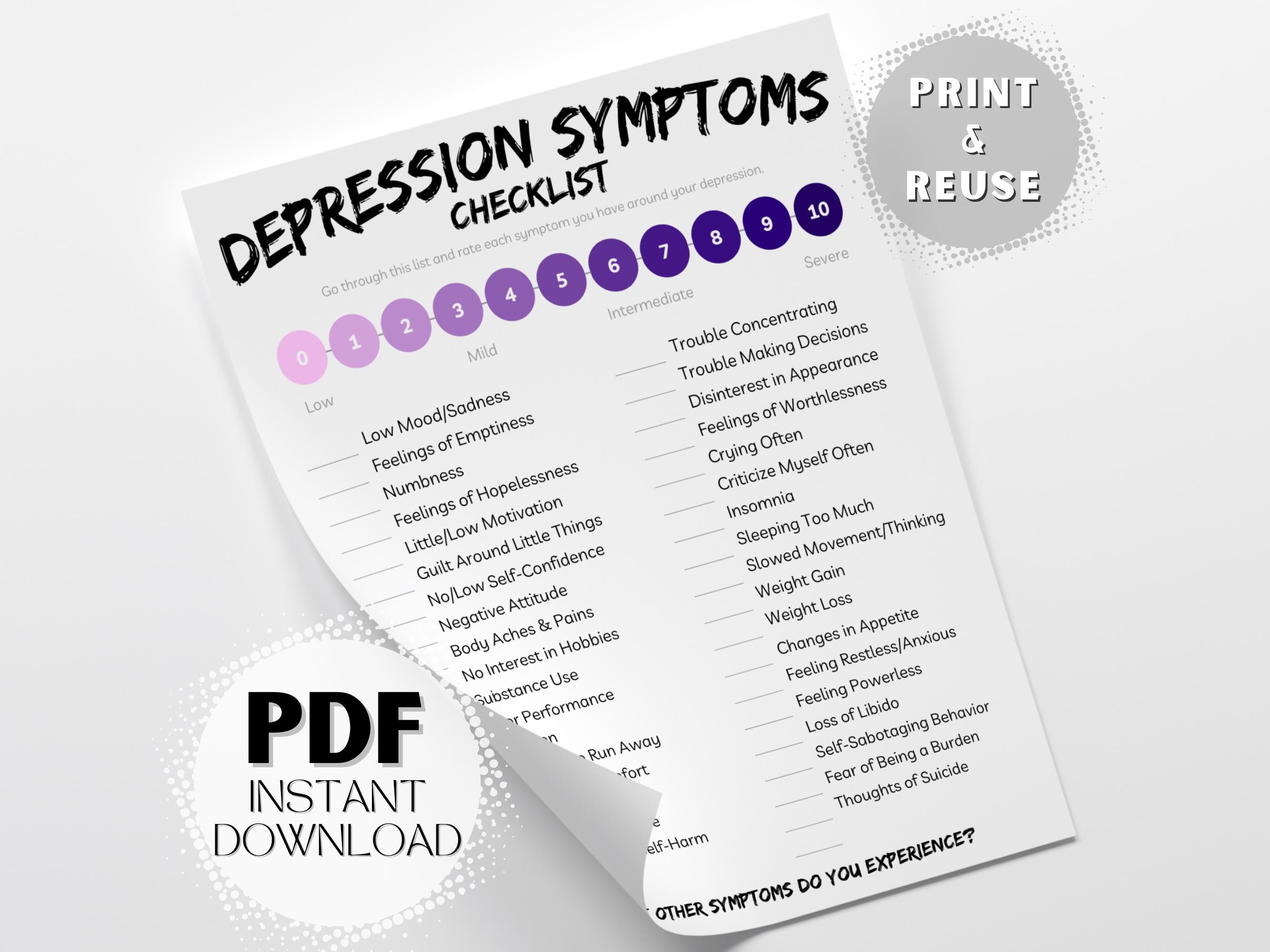 Depression Symptoms Checklist: Colorful Worksheet for Greater Emotional ...