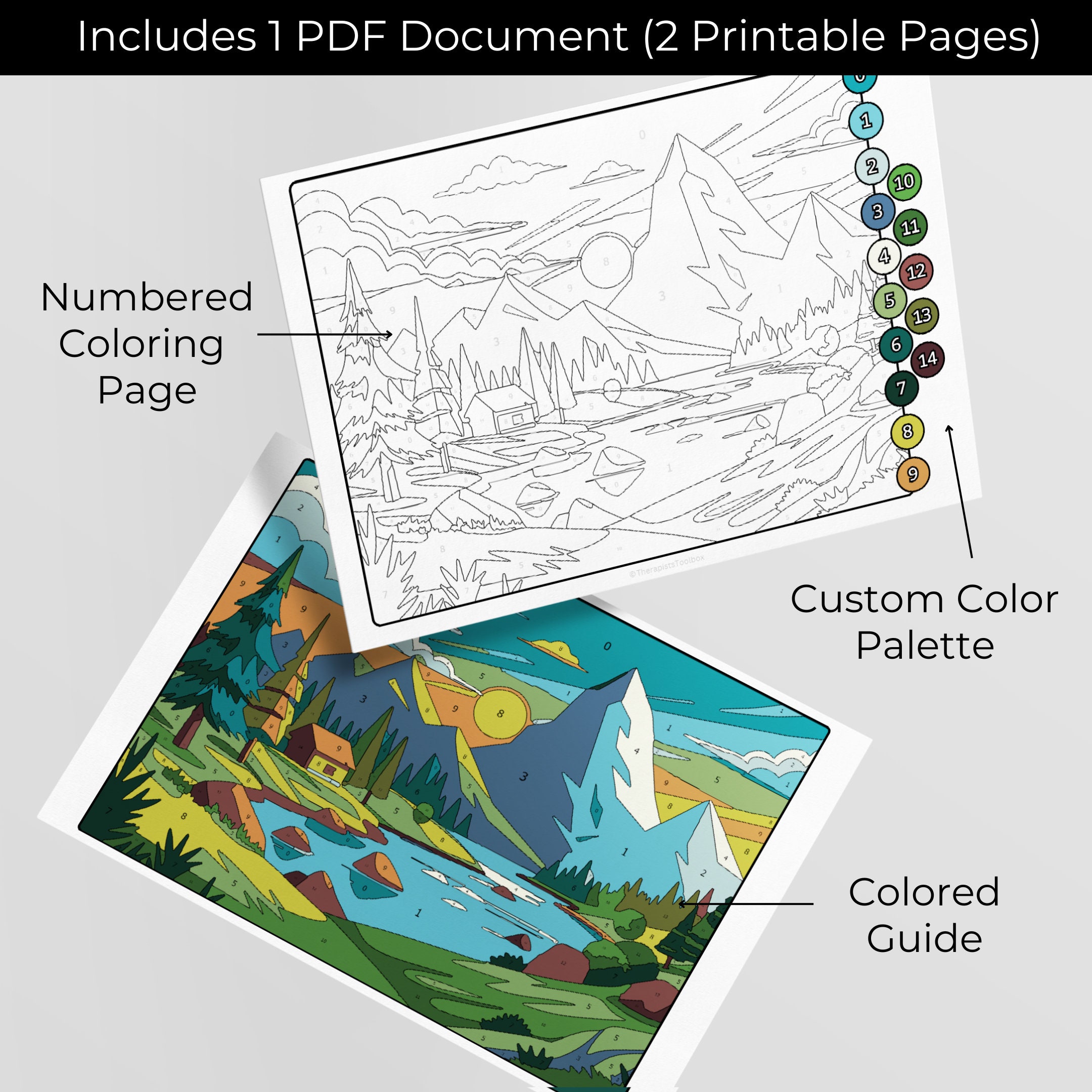 Color by Number: Therapeutic Printable Colorful Mountain River Coloring ...