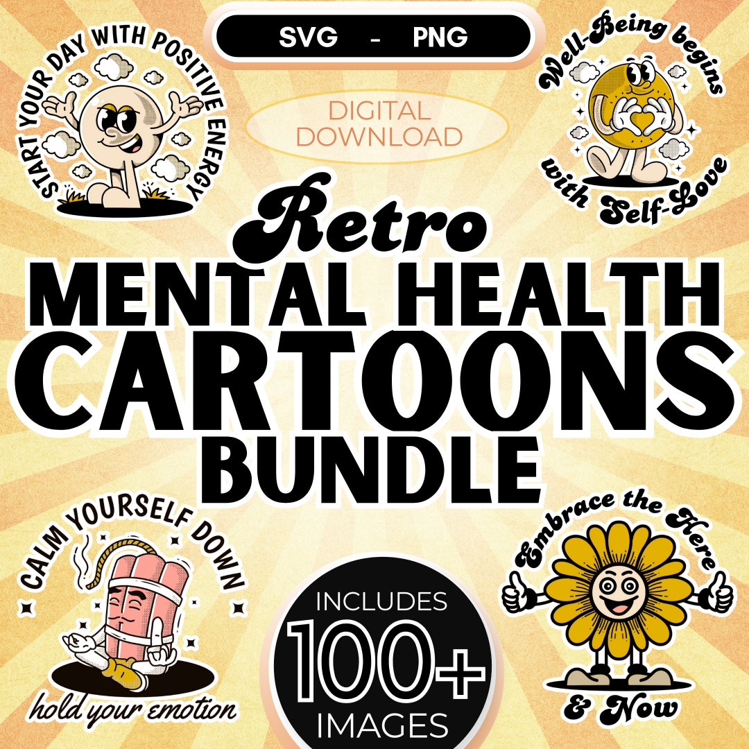 Retro Mental Health & Wellness Characters SVG/PNG Mega Bundle 100 ...
