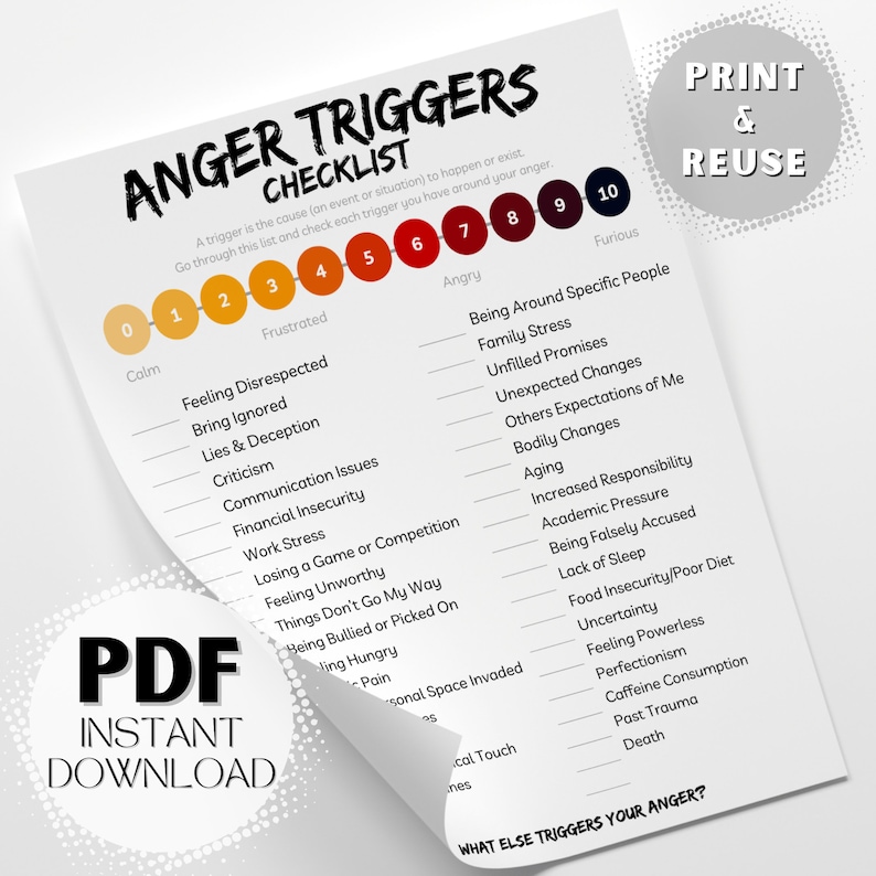 Anger Triggers Checklist: Colorful Worksheet for Greater Emotional ...