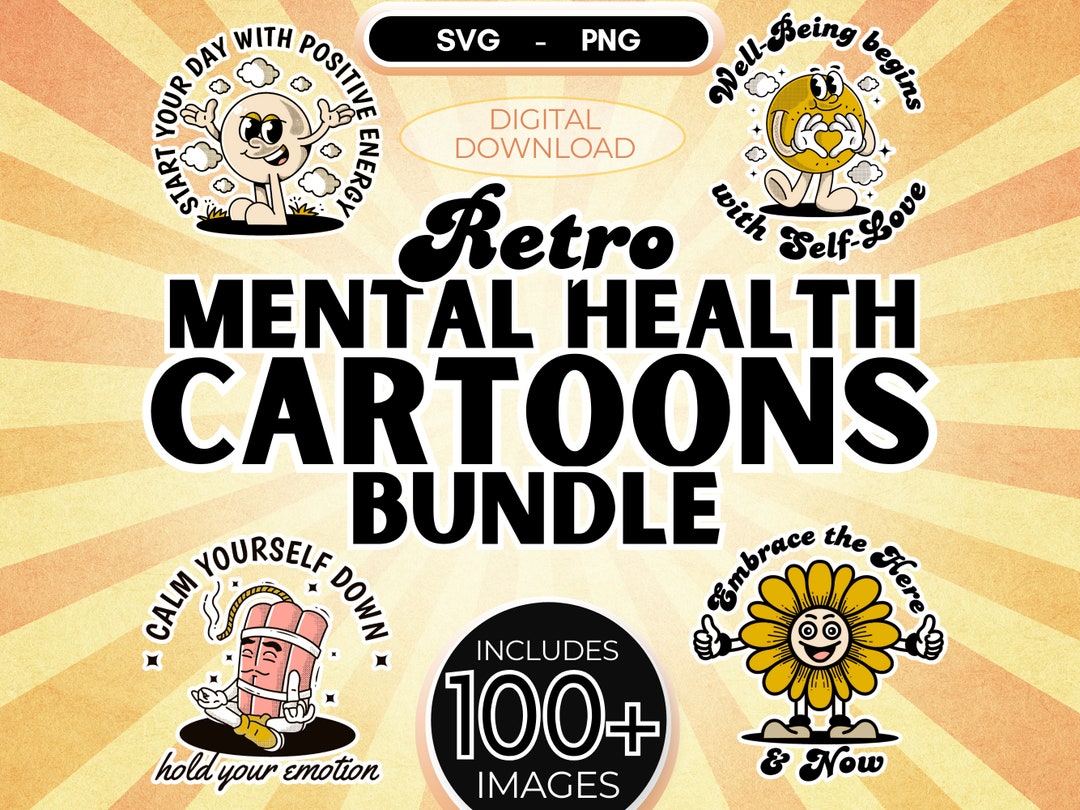 Retro Mental Health & Wellness Characters SVG/PNG Mega Bundle 100 ...