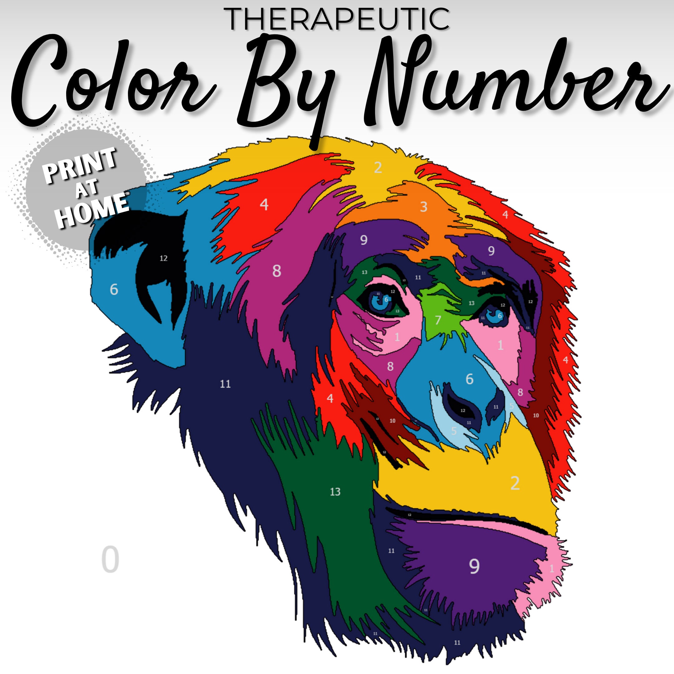 Color by Number: Therapeutic Printable Colorful Chimpanzee Coloring ...