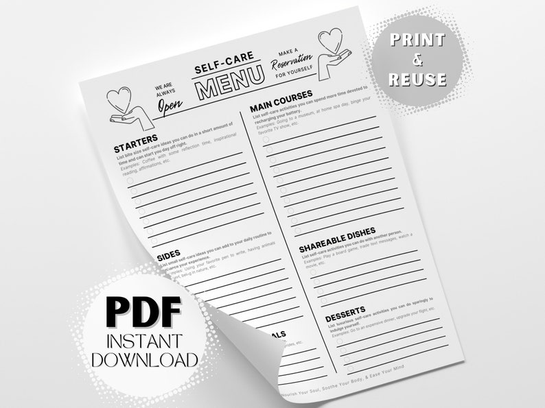 Self-care Menu & Planning Sheet for Greater Life Satisfaction Printable ...