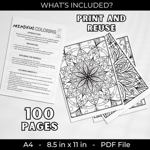 Therapeutic Mindful Coloring Set 100 Printable Pages for Stress Relief ...