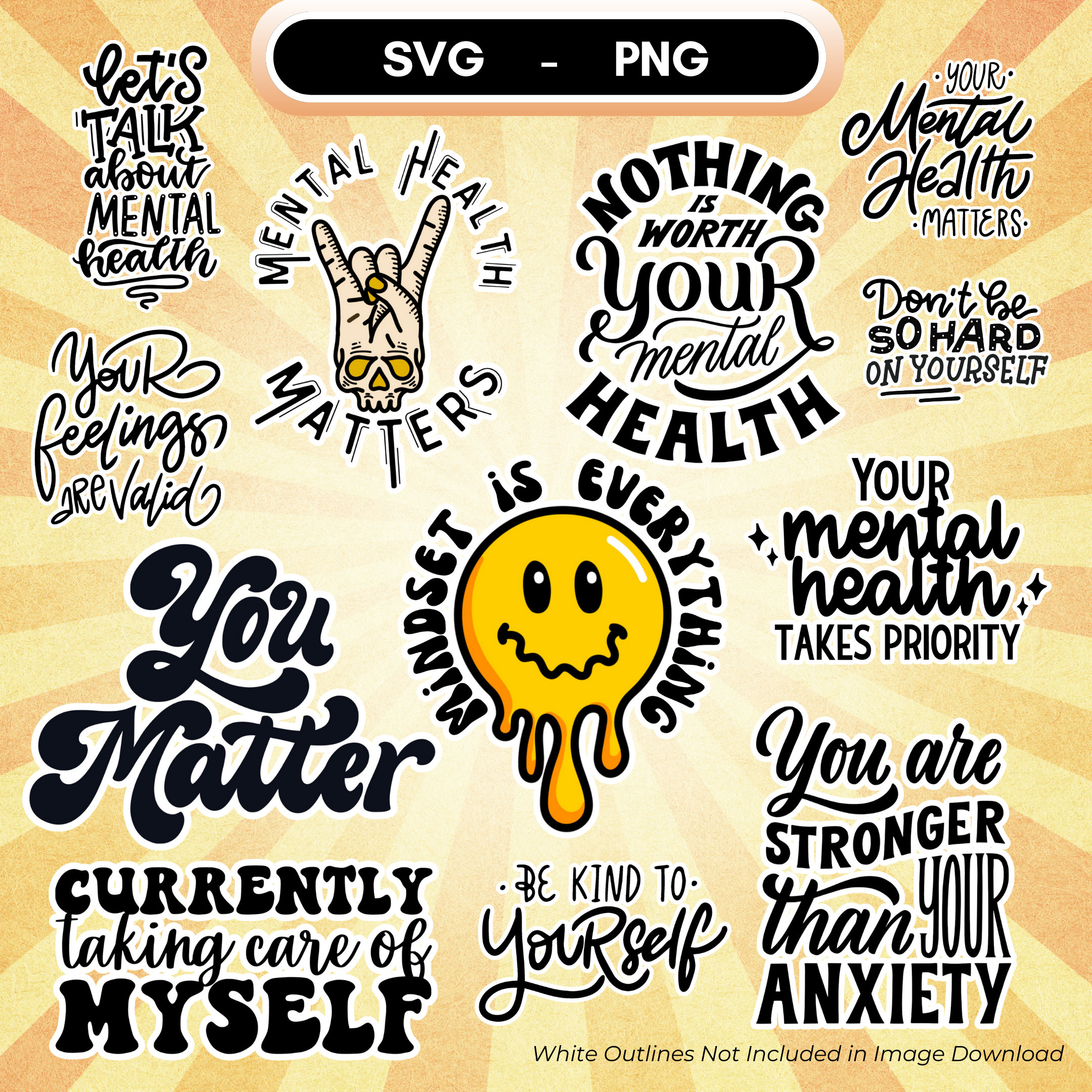 Retro Mental Health & Wellness Characters SVG/PNG Mega Bundle 100 ...