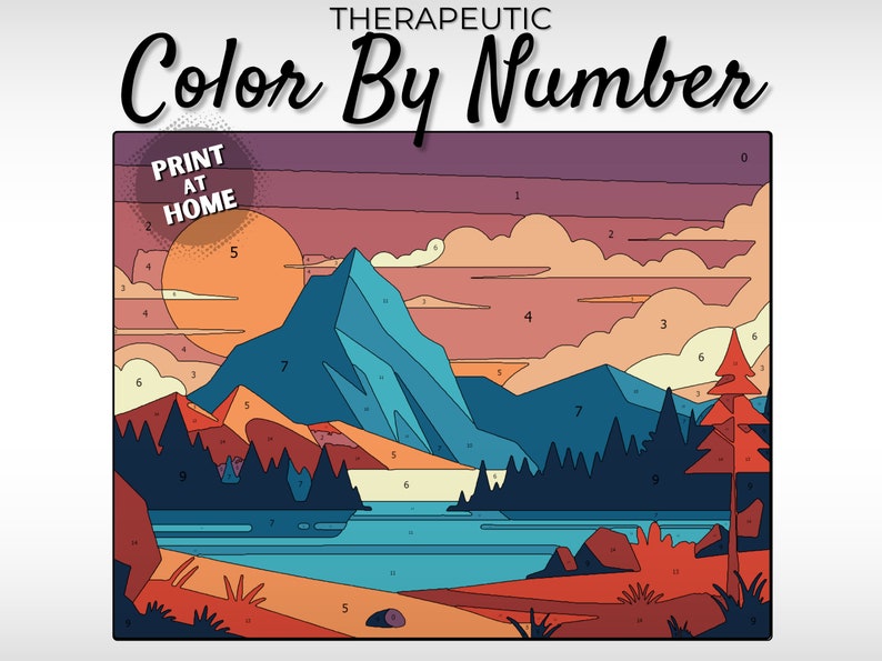 Color by Number: Therapeutic Printable Colorful Mountain Landscape ...