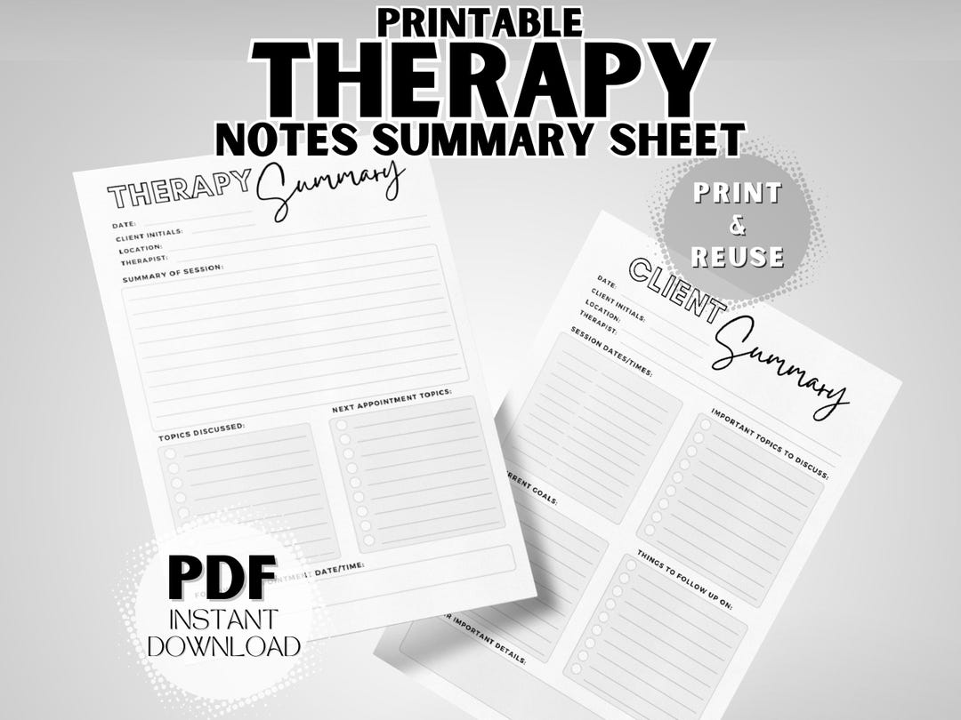 Therapy Notes Summary Sheet: Printable PDF Instant Digital Download to ...