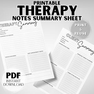 Therapy Notes Summary Sheet: Printable PDF Instant Digital Download to ...