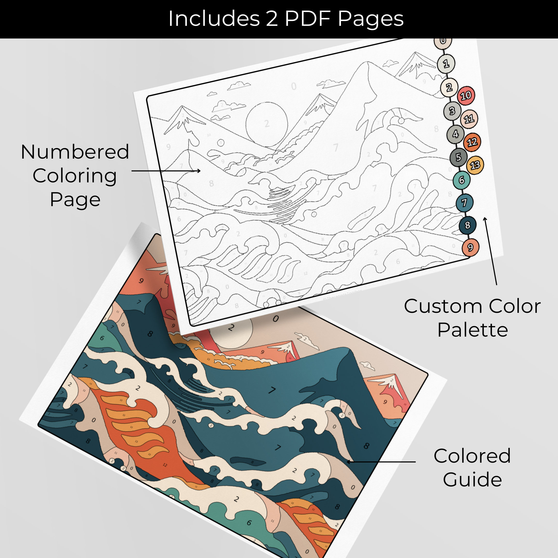 Color by Number: Therapeutic Printable Colorful Wave Landscape Coloring ...