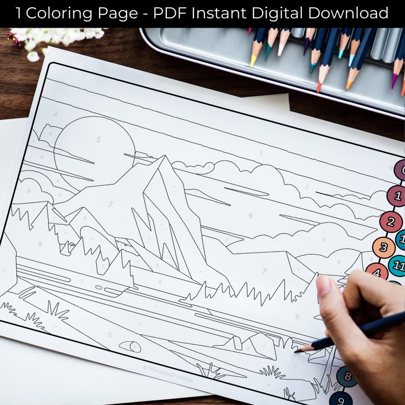 Color by Number: Therapeutic Printable Colorful Mountain Landscape ...