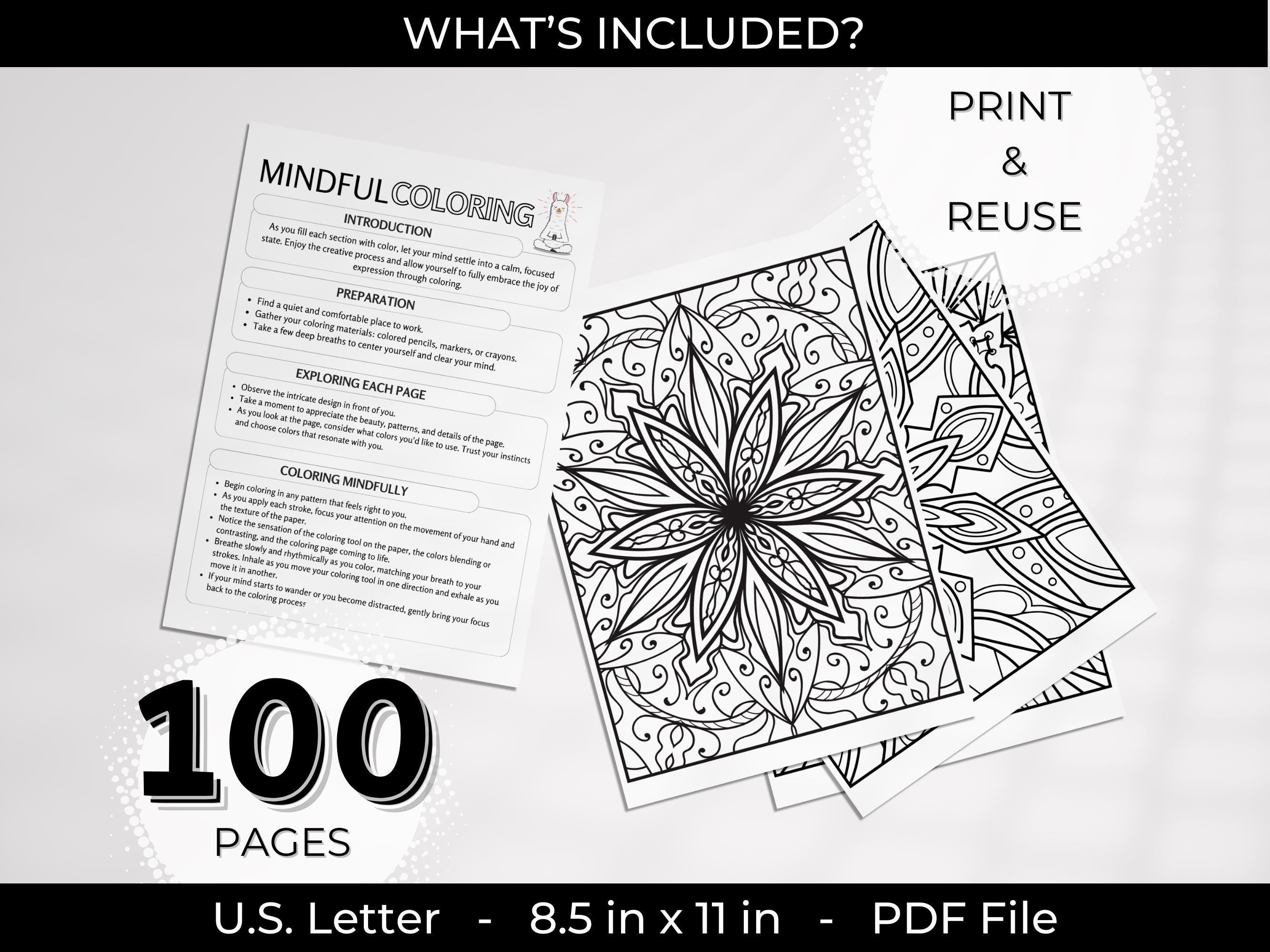 Therapeutic Mindful Coloring Set 100 Printable Pages for Stress Relief ...