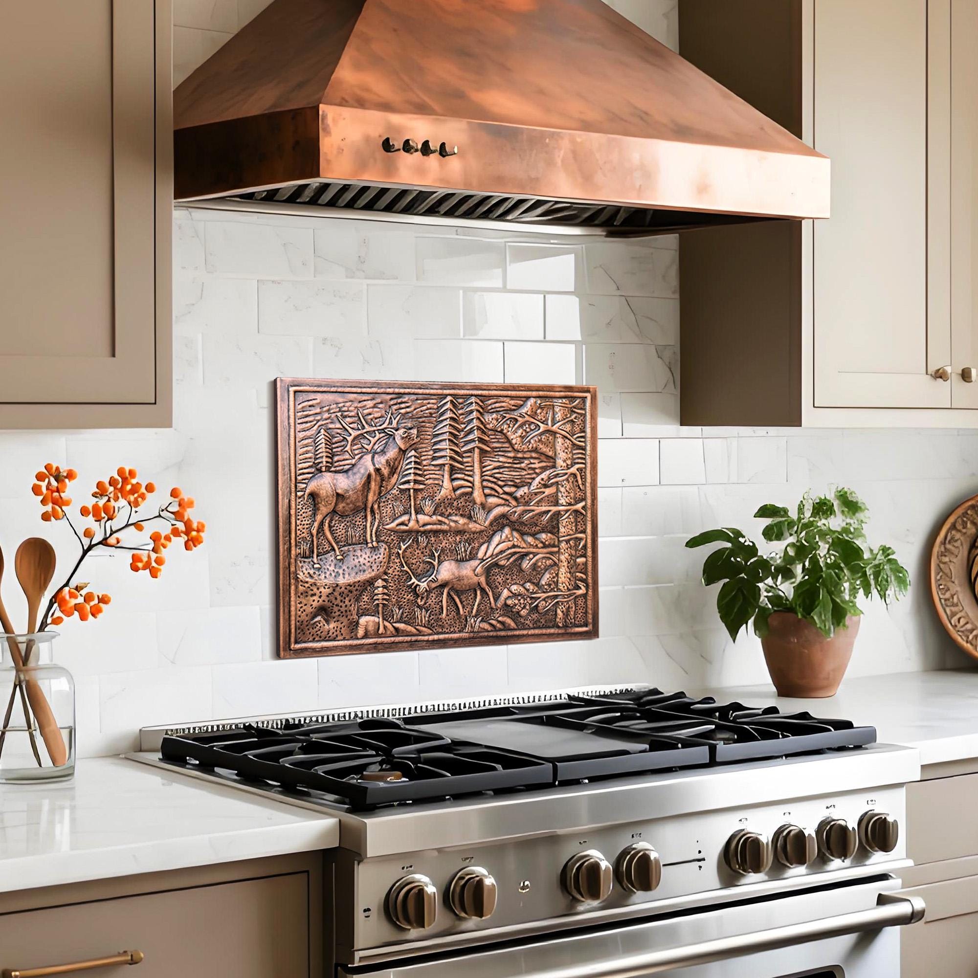 Hand-hammered Copper Backsplash - Majestic Elk Foraging in Wilderness ...