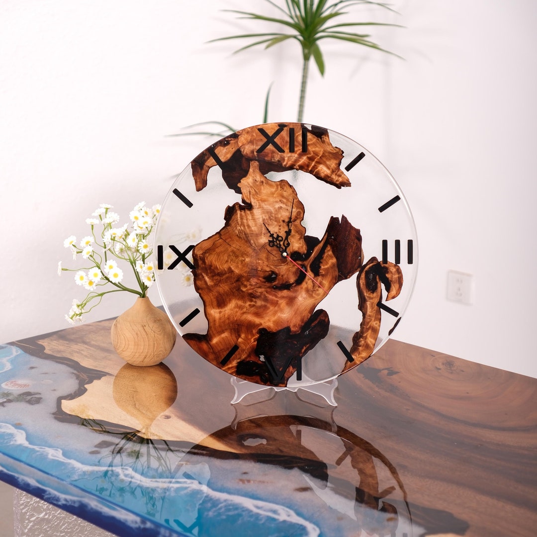 Clear Transparent Epoxy Resin & Black Walnut Wood Wall Clock – Handmade ...