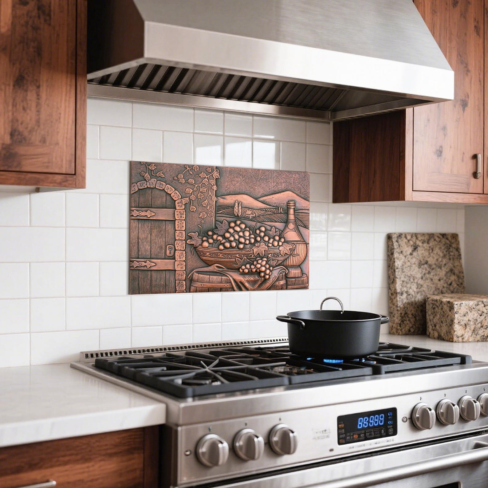 Artisan Hammered Copper Backsplash - Vineyard Grapes & Wine Barrel ...
