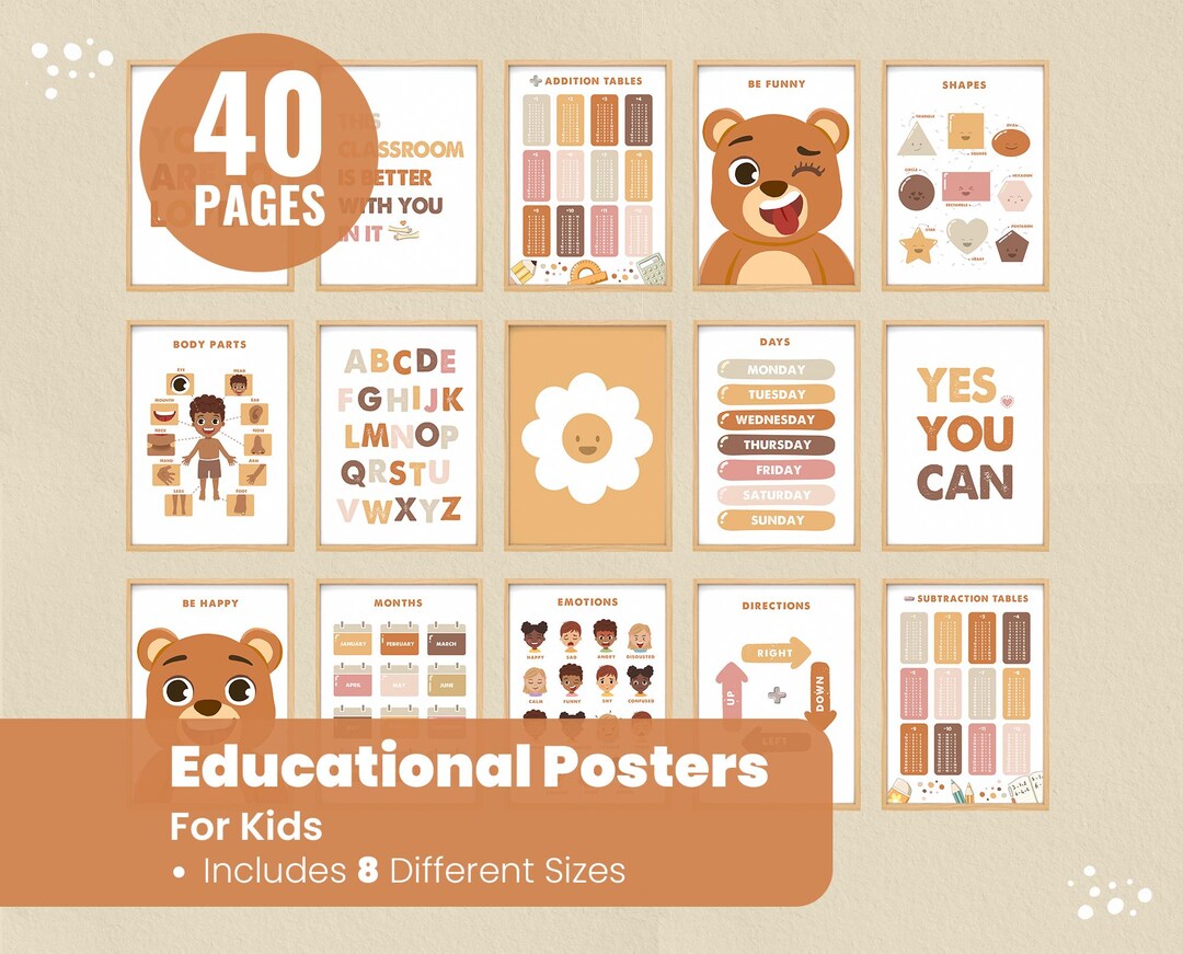 Set of 40 Educational Posters - Montessori Classroom Decor - Neutral ...