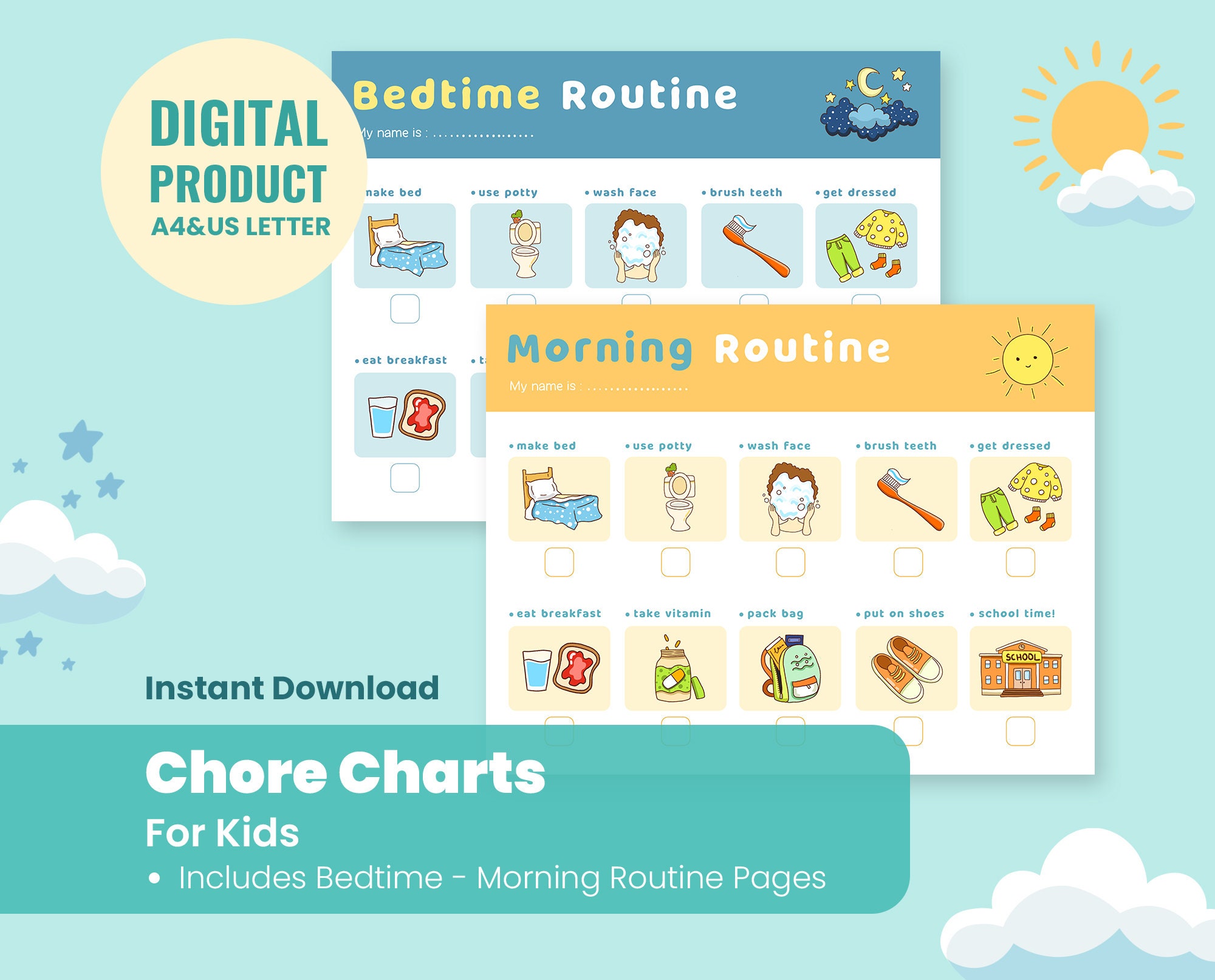 Printable Kids Daily Chore Chart Homeschool Montessori Colorful and ...