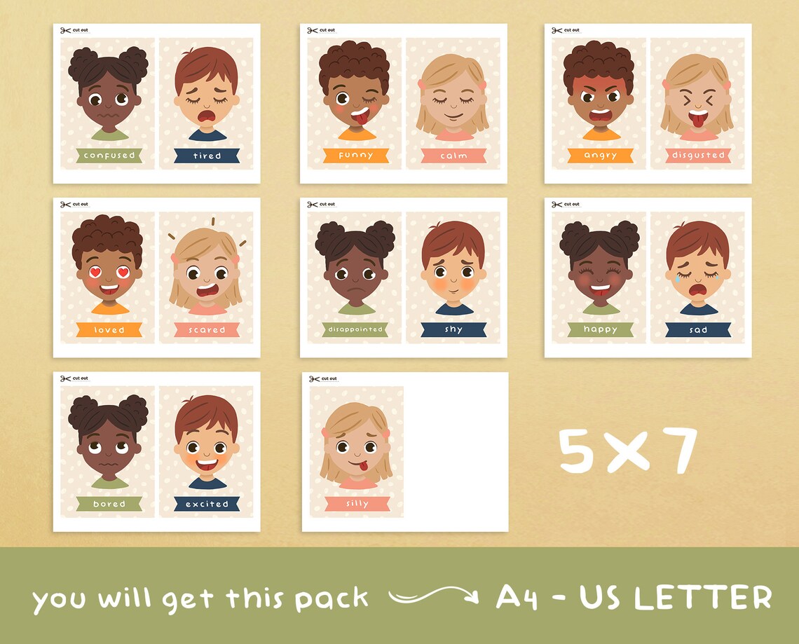 Emotions Flashcards Set Printable Feeling Chart Montessori Materials ...