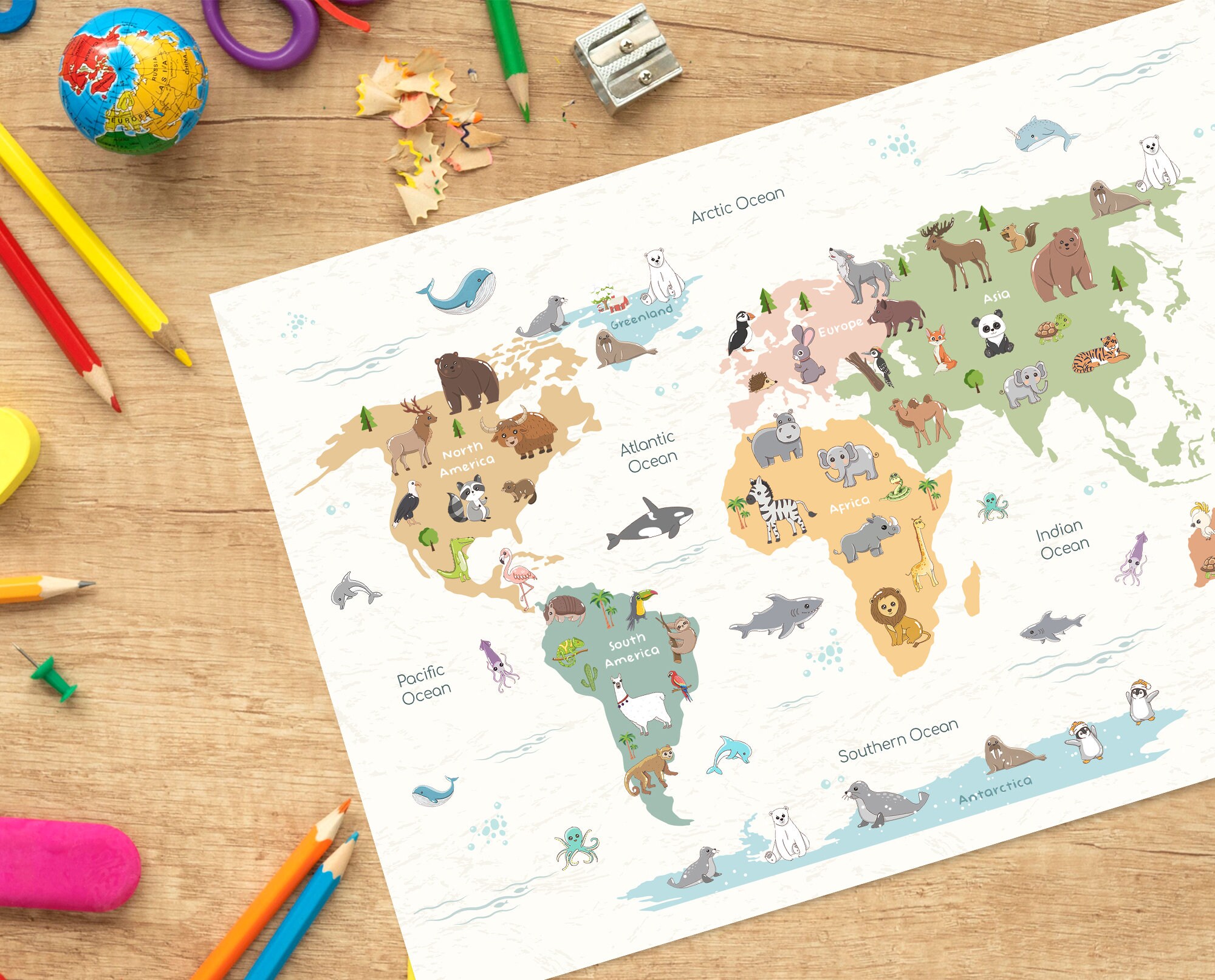 Animals World Map - Kids Animal World Map Printable - Nursery Wall ...