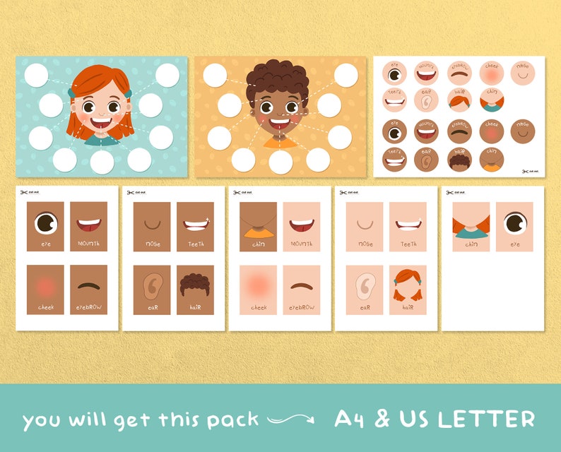 Face Parts Matching Game Learning Activity Flashcards - Human Body ...