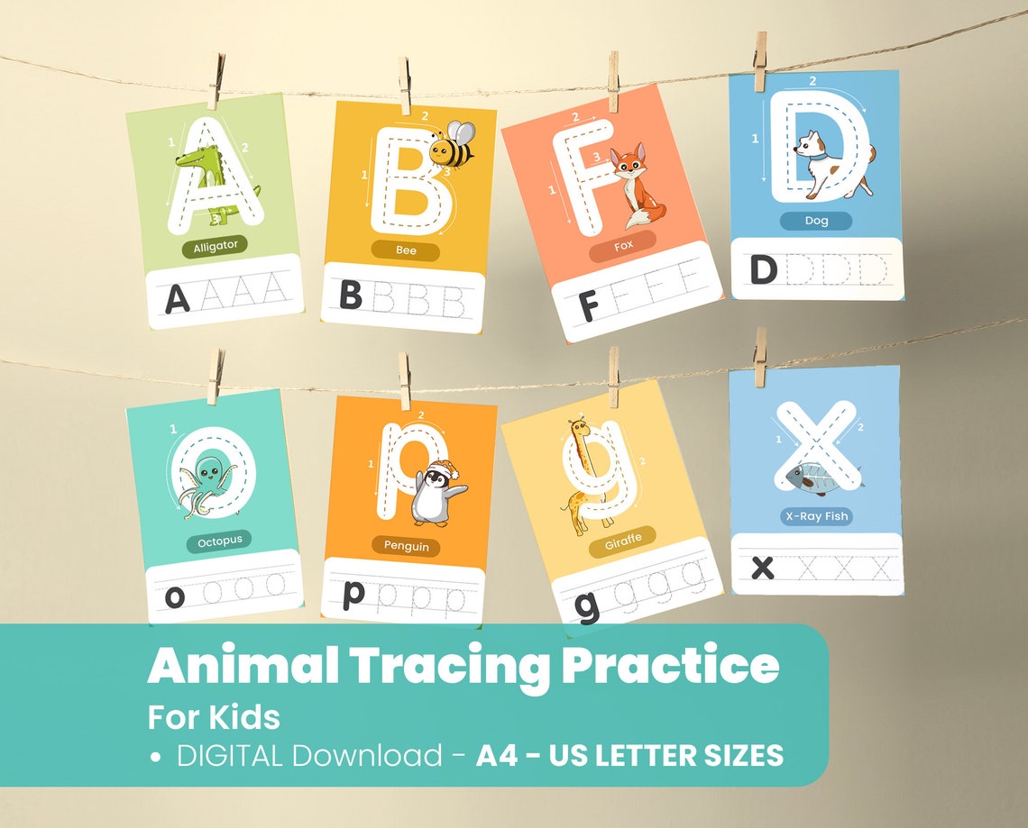 Educational Tracing Alphabet Worksheet for Kids - Animal Theme ...