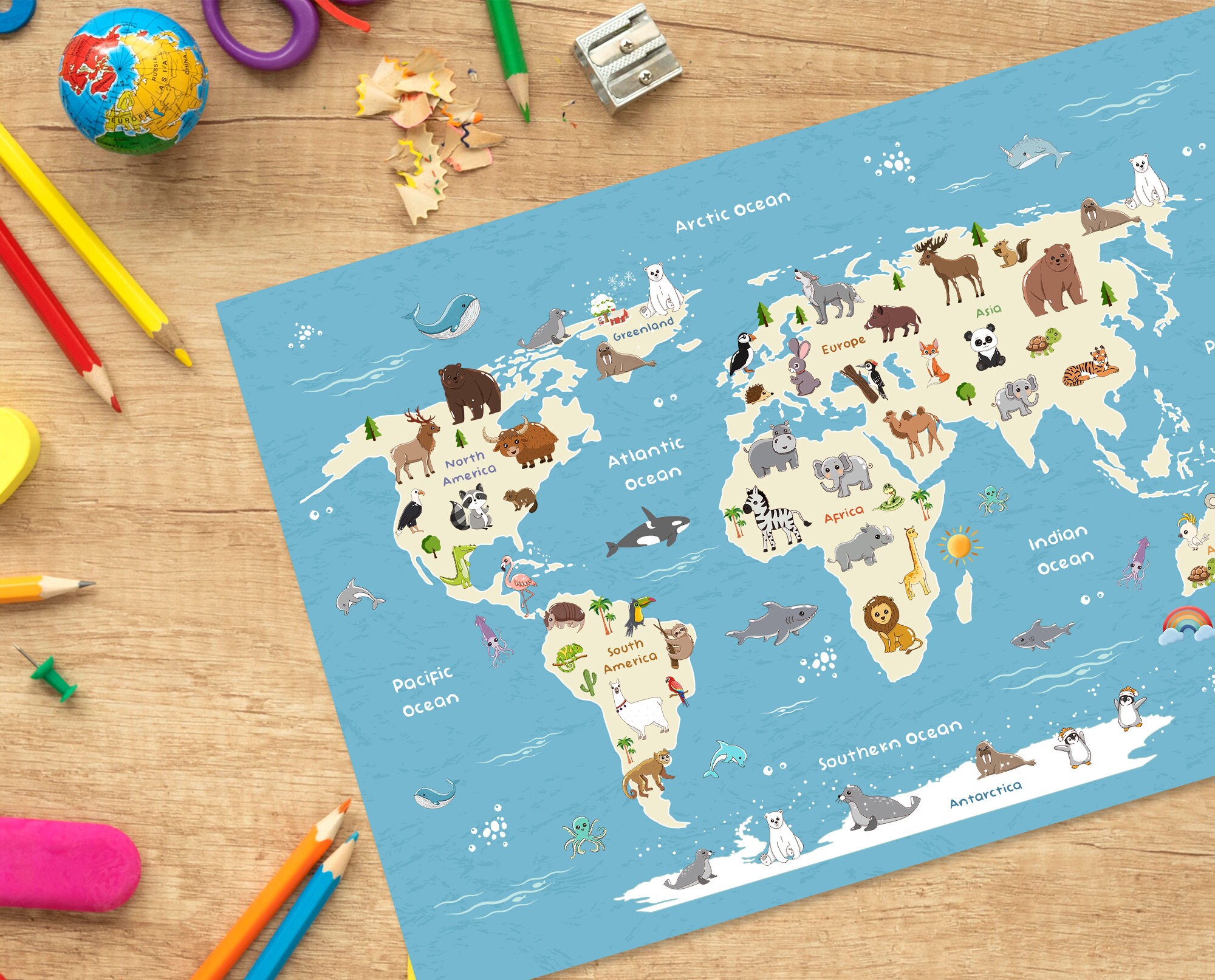 Animal World Map Poster - Safari Animals Educational Poster - Classroom ...