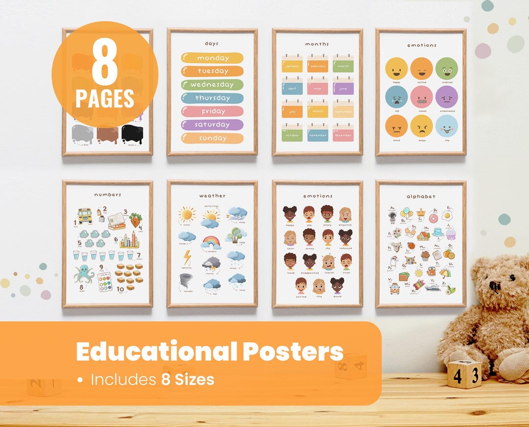 Set of 8 Educational Posters Montessori Classroom Decor - Rainbow ...