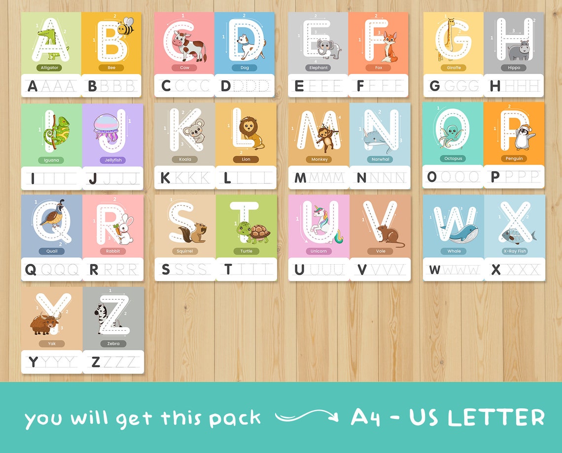 Educational Tracing Alphabet Worksheet for Kids - Animal Theme - Learning Activity Pack - ABC ...