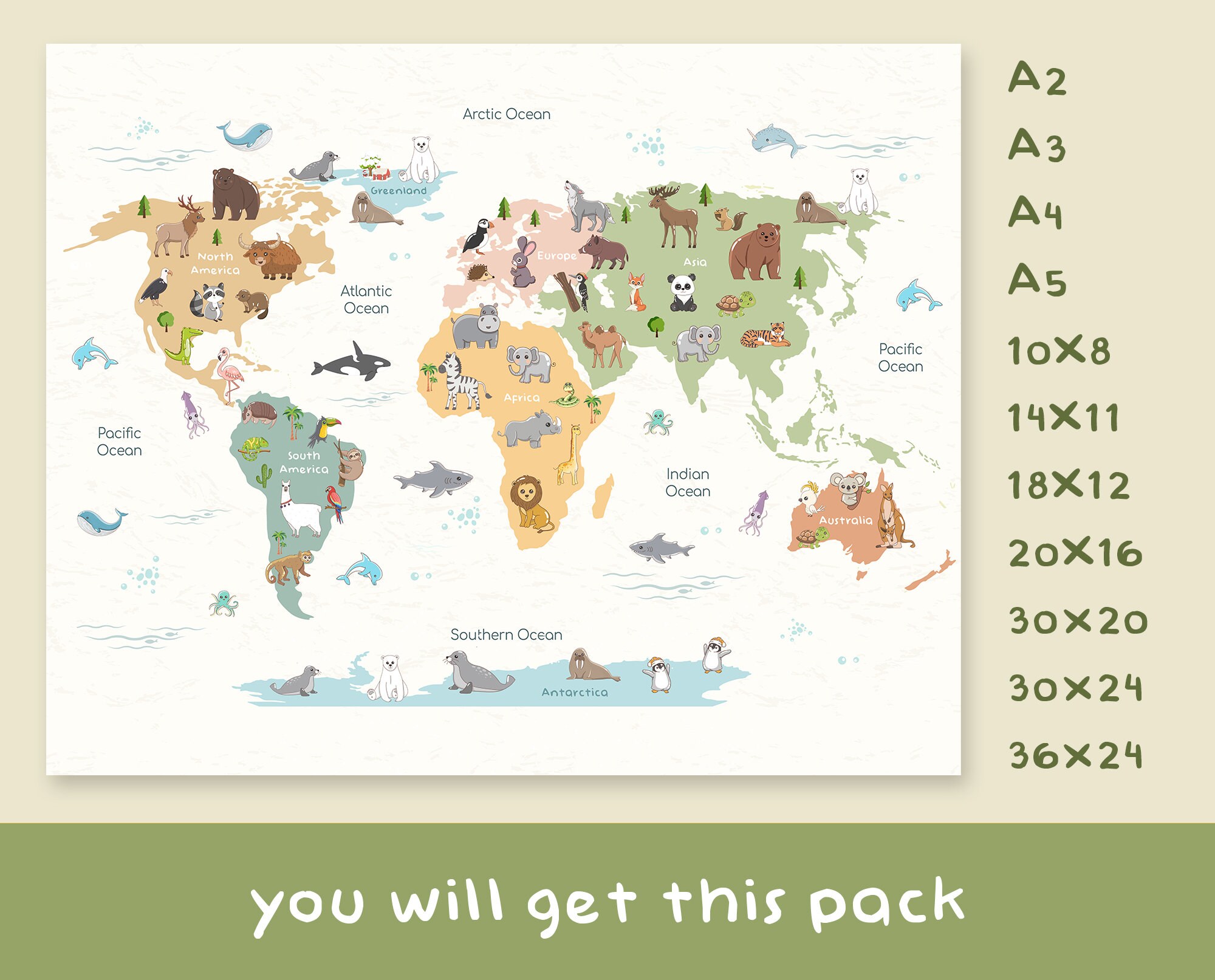Animals World Map - Kids Animal World Map Printable - Nursery Wall ...