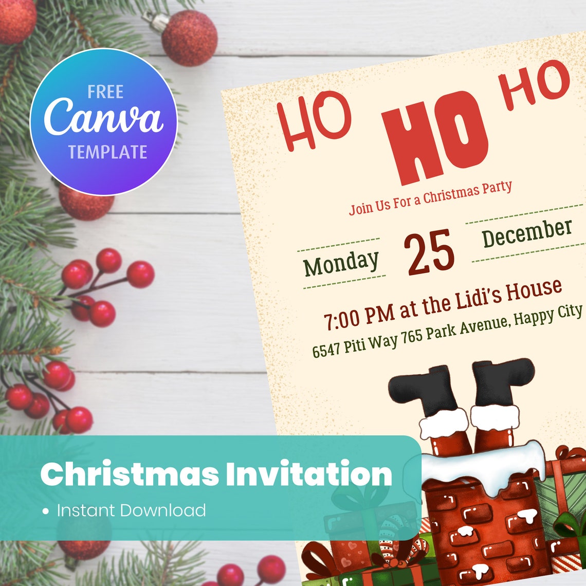Digital Download Christmas Party Invitation Template, Editable & Printable Party Invitation ...