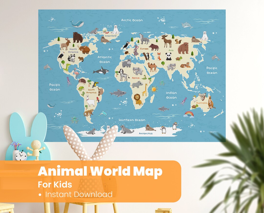 Animal World Map Poster - Safari Animals Educational Poster - Classroom ...