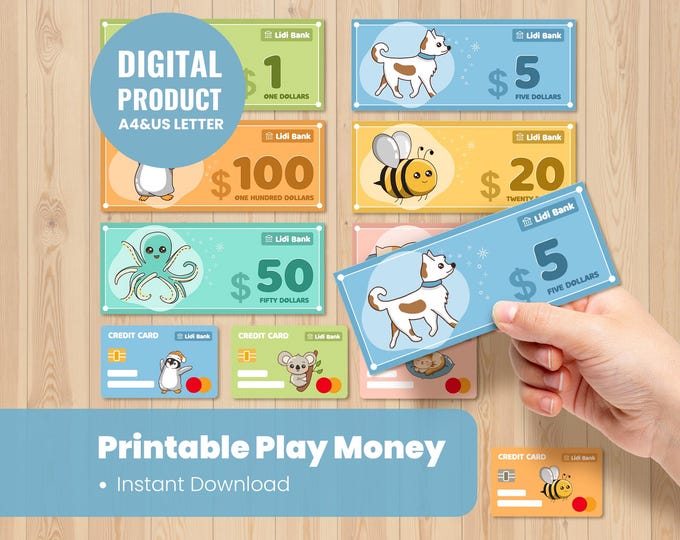 Printable Play Money – Kids Pretend Animal Dollars (PDF Digital ...