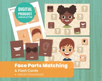 Printable Face Parts Matching Worksheet With Flashcard, Body Parts ...