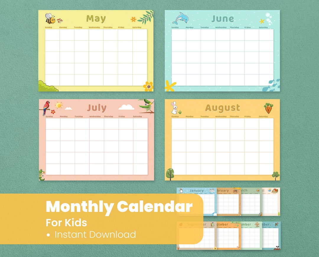 Animal Theme Monthly Desk Calendar for Kids - Perpetual Calendar ...