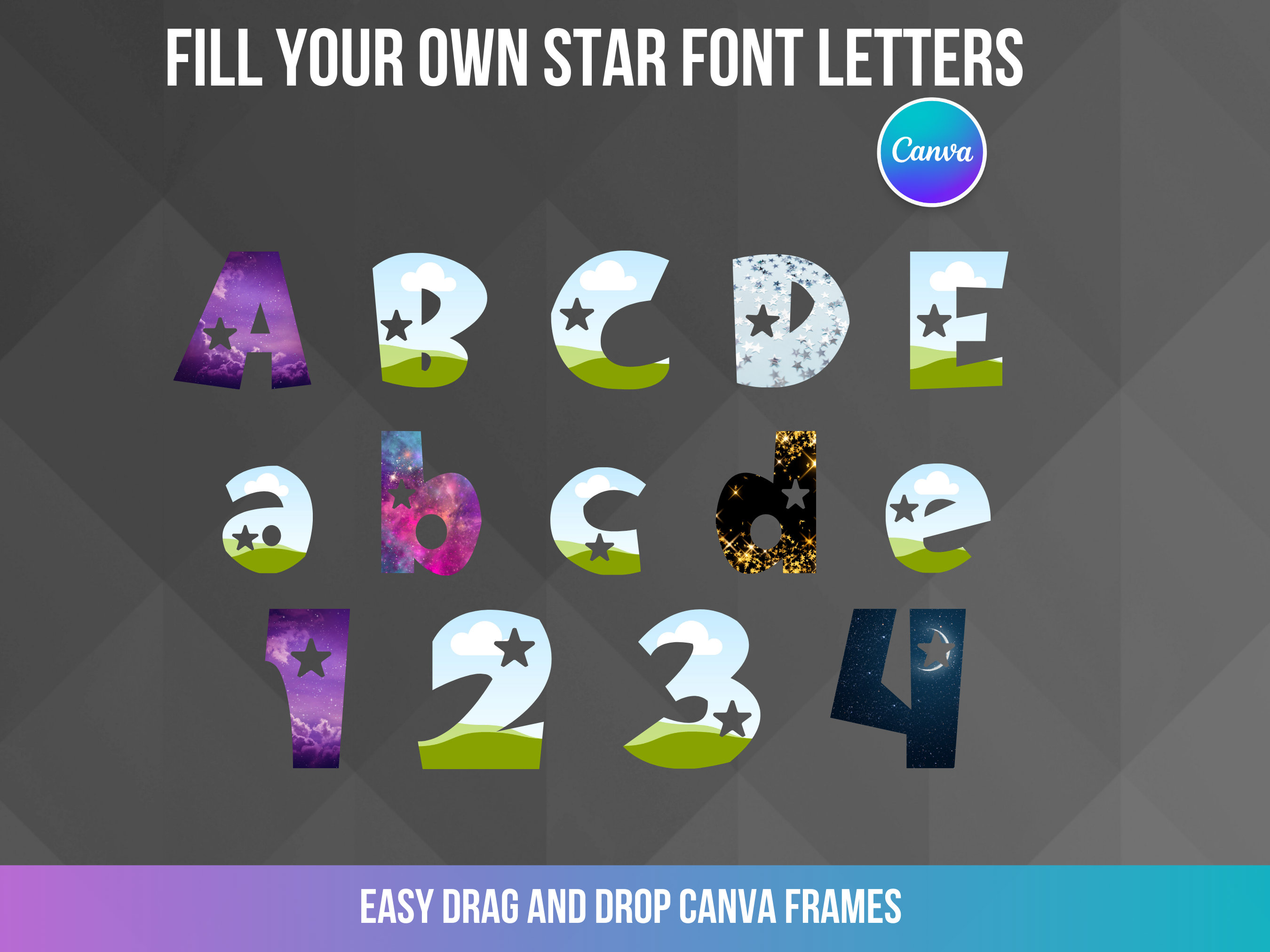 Canva Frame Alphabet, Editable Template, Canva Frame Star Letters Font ...