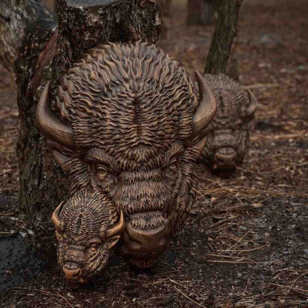 Wooden Bison Head Wall Art: Tribute to Nature's Strength Bison Mural ...