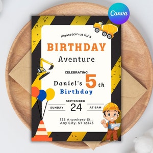 Construction Birthday Invite, Excavator Invitation, Kids Theme ...