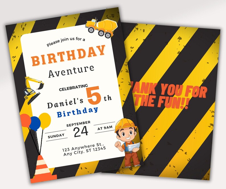 Construction Birthday Invite, Excavator Invitation, Kids Theme ...