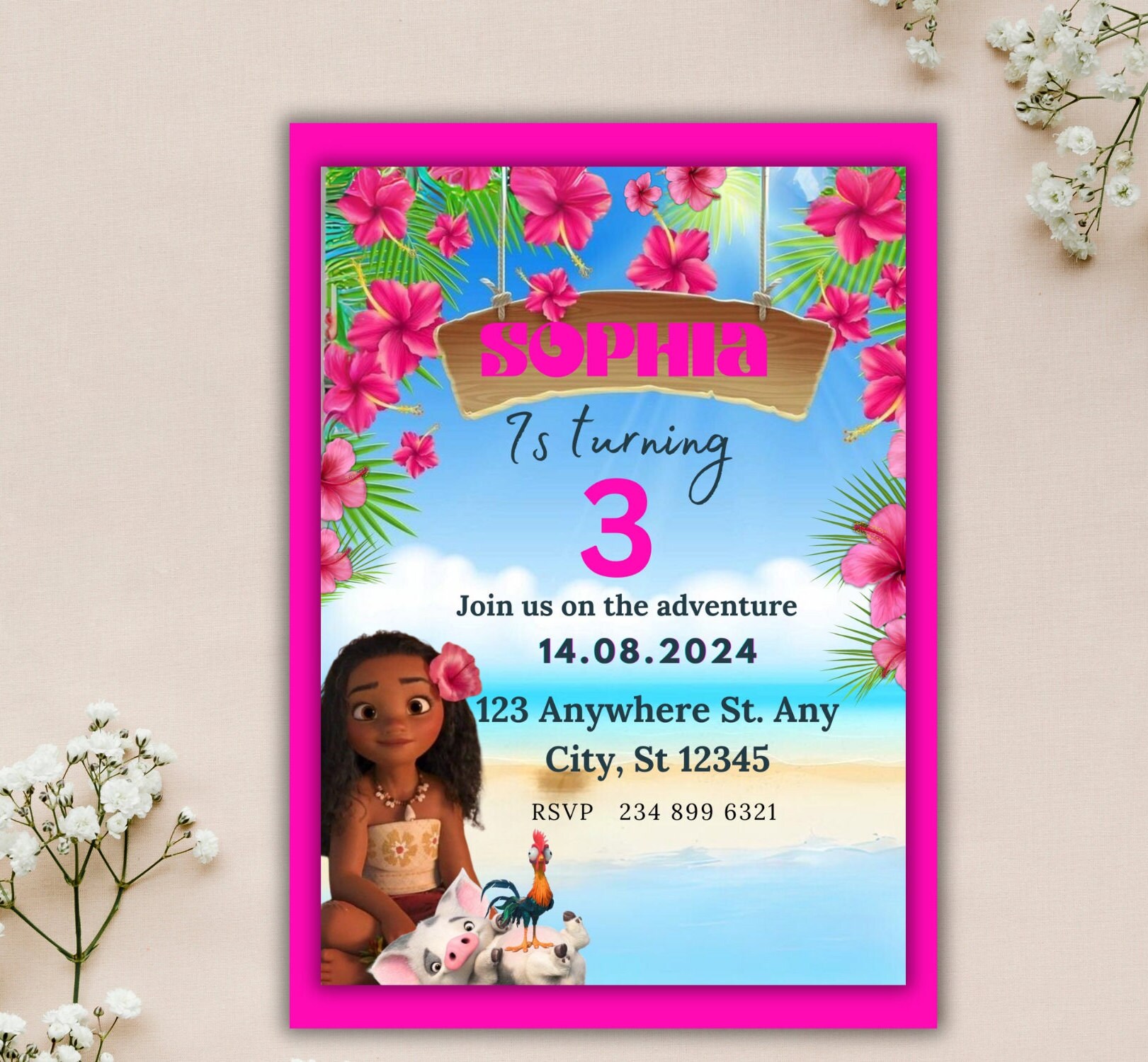 Moana Birthday Invitation, Baby Moana Birthday Invitation, Kids Theme ...