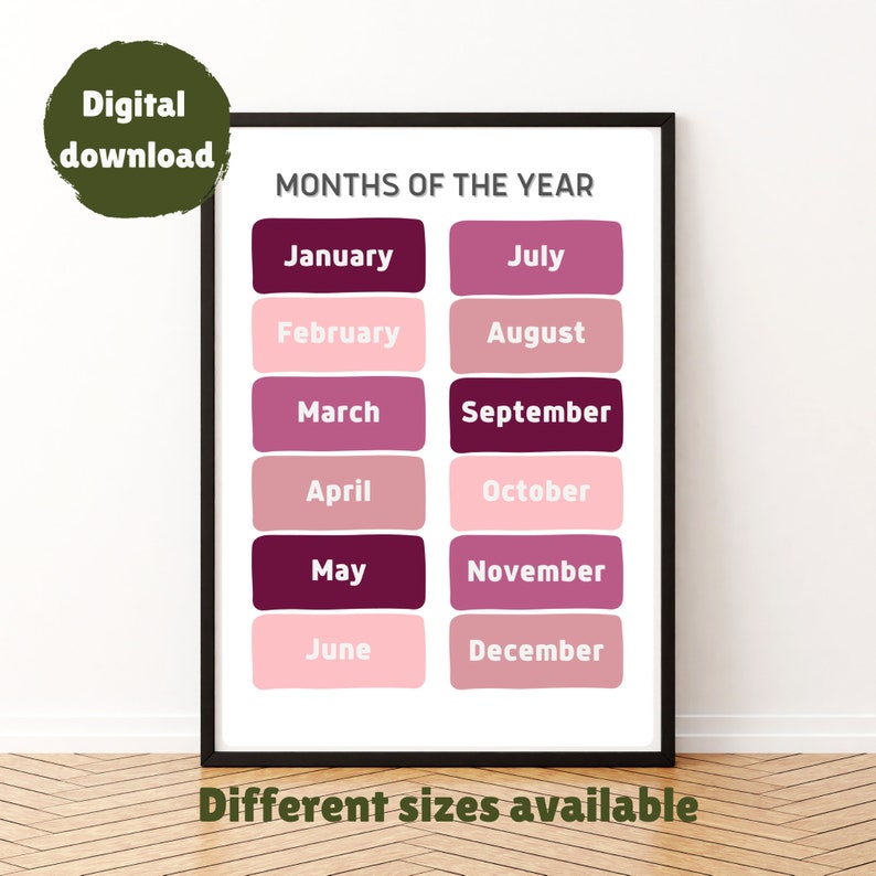 Months of the Year Pink Poster Educational Wall Art Homeschool ...