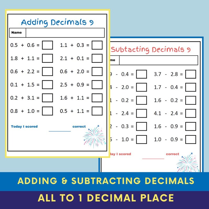 40 Printable Maths Decimals Worksheets, Addition, Subtraction, 1 ...