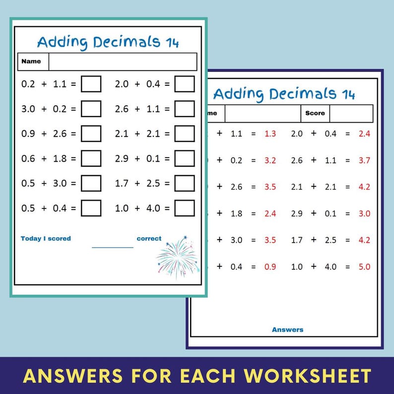40 Printable Maths Decimals Worksheets, Addition, Subtraction, 1 ...